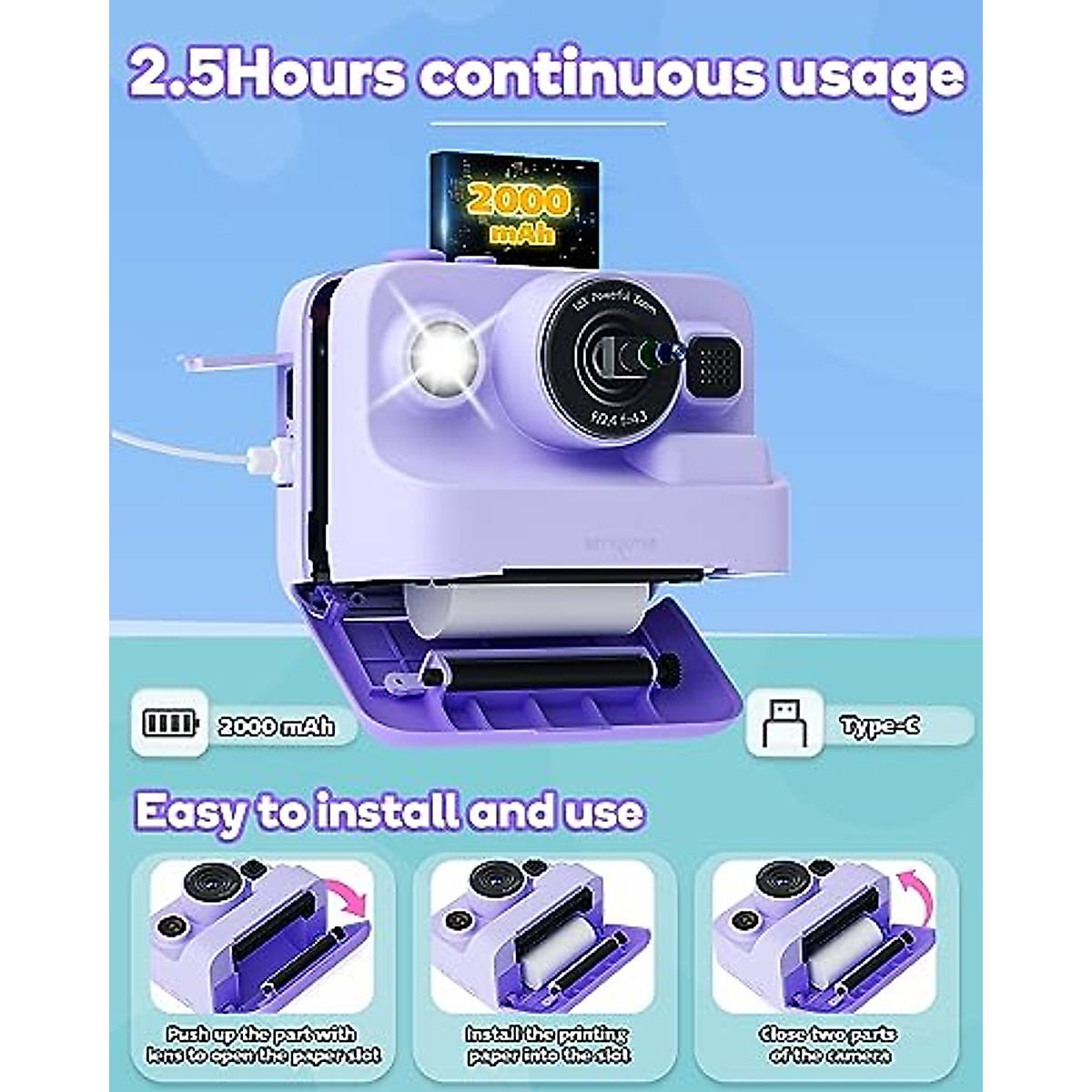 Dylanto Instant Print Camera for Kids,2.4 Inch Screen Kids Instant Cameras, Christmas Birthday Gifts for Girls Age 3-12, Portable Toddler Toy for 3 4 5 6 7 8 9 10 Year Old Girls Boys Purple