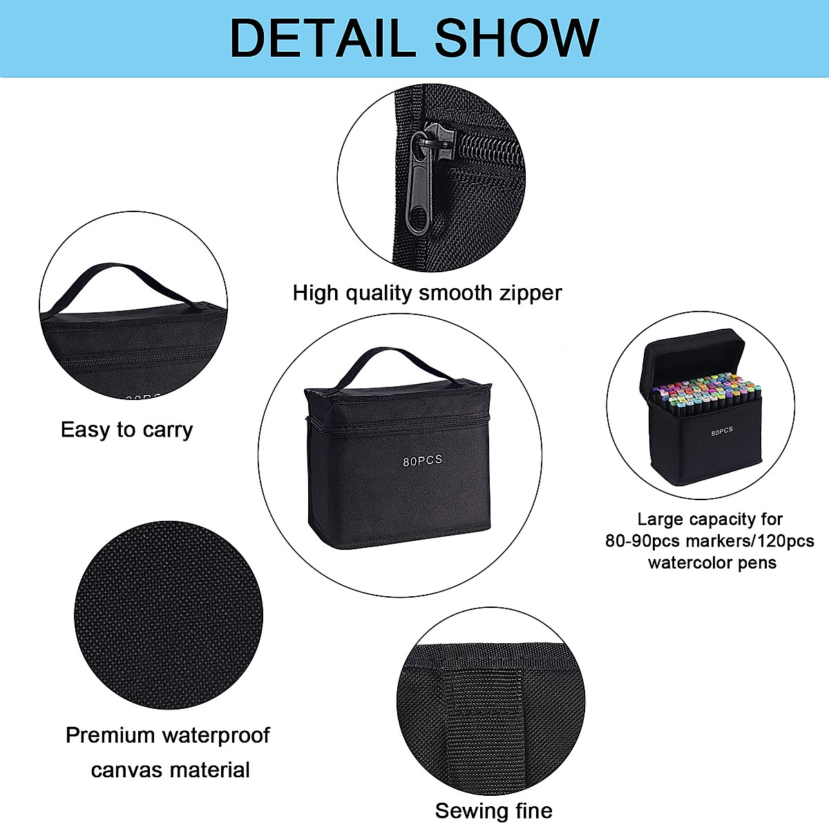 chfine Marker Case, Canvas Zippered Pen Bag Pencil Organizer for 80 Pcs Markers, Soft Stationary Storage Portable Large Capacity Organizer for School Students Teen Boys Girls, Black