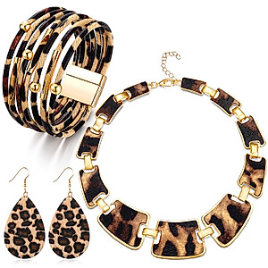 Junkin 3 Pieces Bohemia Leopard Jewelry Set Multilayer Leather Cuff Bracelet Leopard Print Earrings Leopard Print Necklace Collar Bib for Women