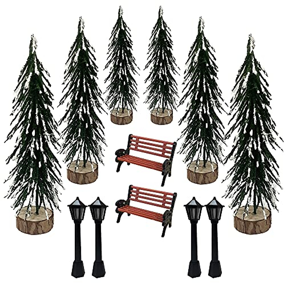 13 Pieces Mini Artificial Christmas Tree Set with Christmas Village Houses 4 Pieces Xmas Street Lamp Post and 2 Pieces Miniature Park Bench Seat for Christmas Table Top Decor