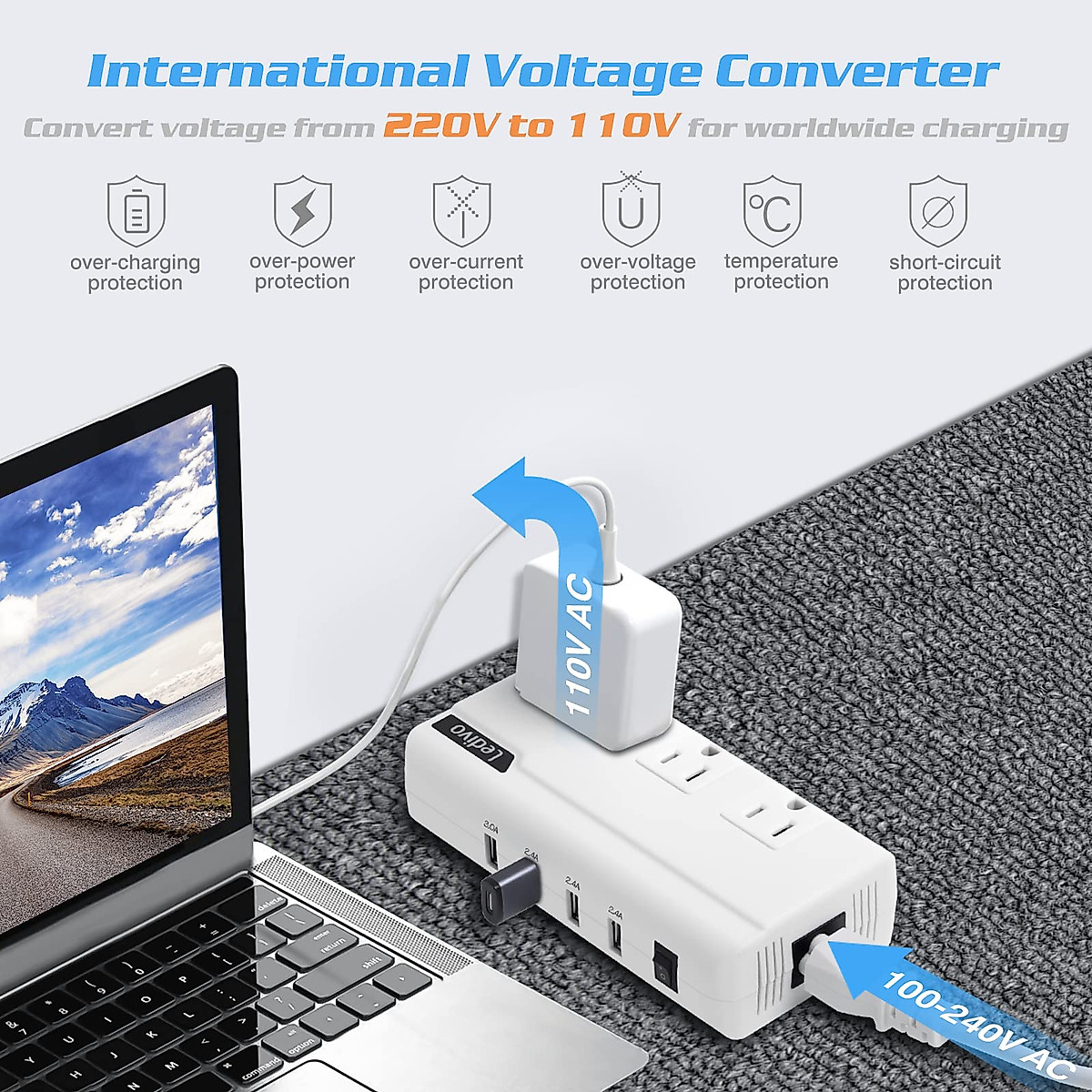 Travel Adapter Universal 220V to 110V Voltage Converter with 4-Port USB International Power Step Down UK/AU/US/EU Worldwide Plug Adapter