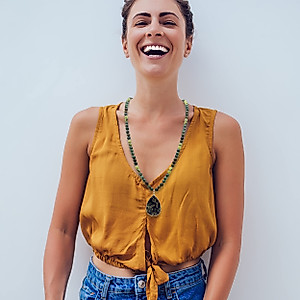 PEARLFECT Long Pendant Necklaces for Women/Men Trendy, 8MM Womens Beaded Jasper Necklaces,32 Inch Green Stone Bead BOHO Necklace Jewelry,Chunky Statement Necklace, Gemstone, Jasper