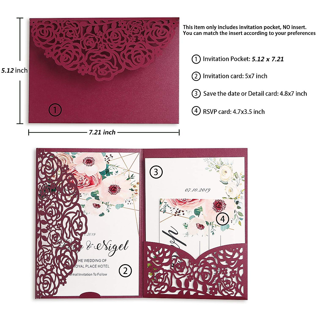 YIMIL 20 Pcs 5.12 x 7.21 inch Tri-fold Laser Cut Wedding Invitation Pocket for Wedding Quinceanera Bridal Shower Baby Shower Party Invite (Burgundy)