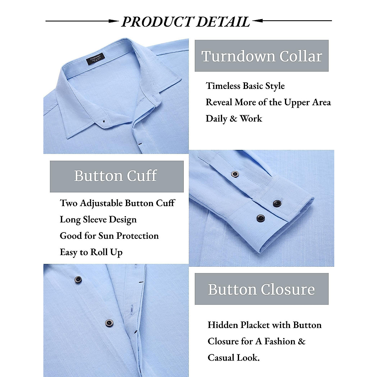 COOFANDY Men's Summer Beach Vacation Shirt Long Sleeve Shirt Business Work Shirts Clear Blue