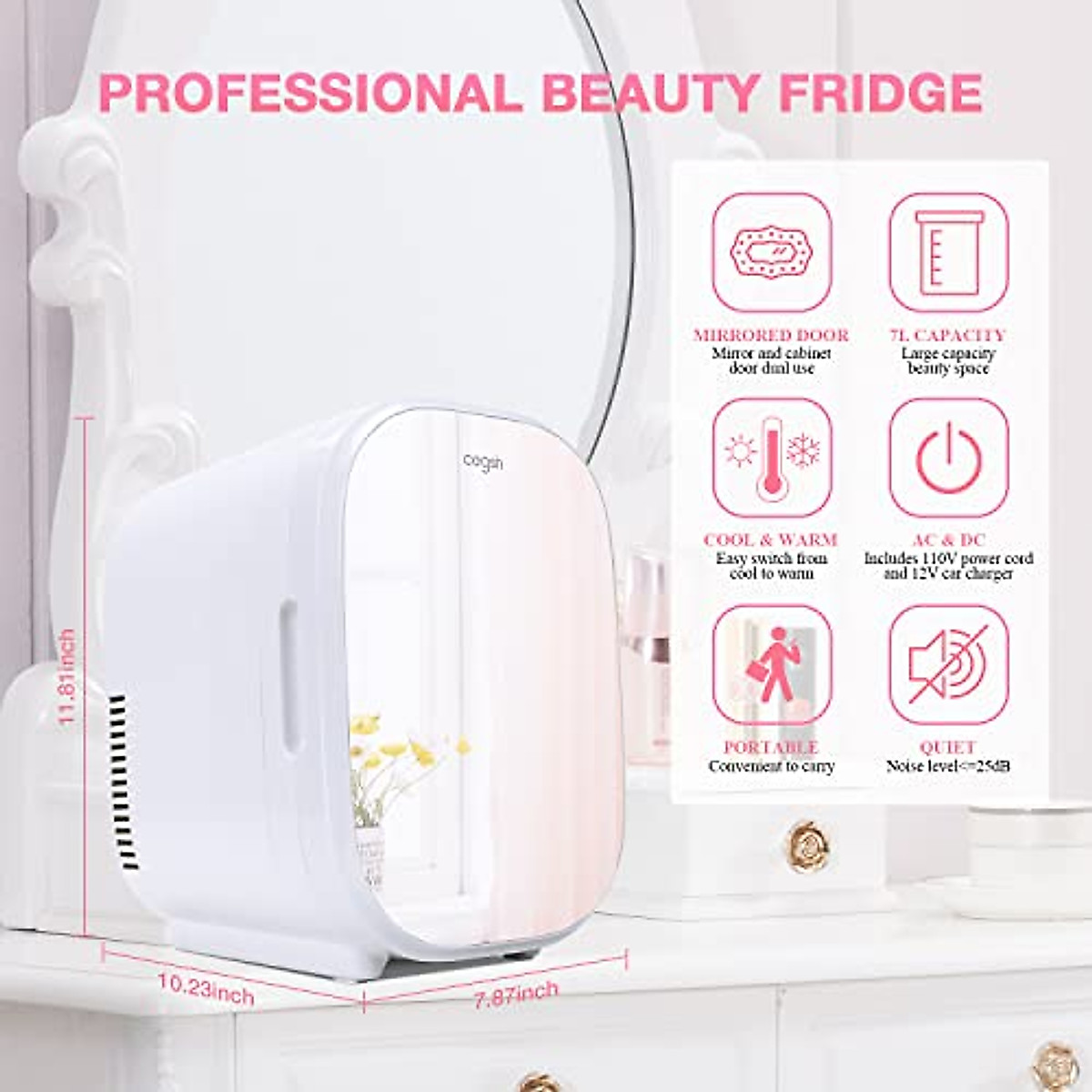 Cegsin Mini Fridge, 5 Liter/8 Cans Small Skincare Fridge with Mirror Door, AC/DC Portable Mini Refrigerator for Cosmetic & Makeup, Compact Plug In Cooler and Warmer for Bedroom, Dorm, Office, Car(White)