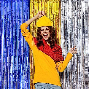 LOLStar 2 Pack Navy Blue Gold and Silver Party Decorations 3.3X6.6 ft Each Foil Fringe Tinsel Curtains Backdrop, Streamers - Perfect for Birthdays, Showers, Retirement， Graduations, Weddings