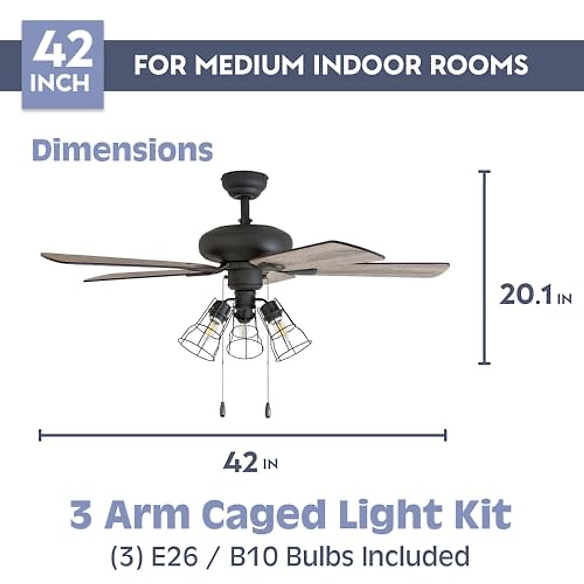 Prominence Home Madison County, 42 Inch Industrial Style LED Ceiling Fan with Light, Pull Chain, Three Mounting Options, Modern Dual Finish Blades, Reversible Motor - 50588-01 ( Bronze)