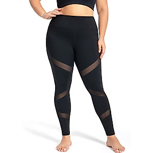 MEJING Plus Size Yoga Pants with Pockets, L-5X Mesh Workout Leggings for Women, High Waisted Tummy Control Activewear Black L