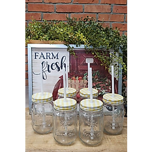 Sunshine Mason Co. Glass Mason Jar set with Yellow Gingham lids and White Straws, Set of 6