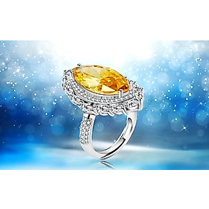 Uloveido Platinum Plated Olive-Shaped Marquise Golden Yellow Zircon Ring for Women, Simulated Citrine Full Citrine Open Ring Adjustable Y1828