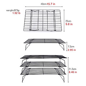 3 Tier Non Stick Cake Cooling Rack - Oven Safe, Heat Resistant, Space Saving Stackable Wire Tray with Collapsible Legs for Roasting, Cooking, Grilling, Drying, Plus Multi-use Basting Brush, 10x16 in