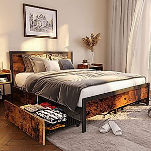 Rolanstar Bed Frame, Queen Size Bed Frame with 4 Drawers, Particle Board Headboard & Metal Platform Bed with Large Storage Space, up to 700LB, No Box Spring Needed, Mattress Foundation, Noise Free