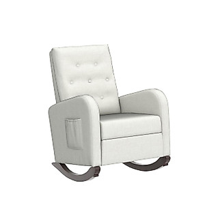 Antetek Modern Accent Rocking Chair, Upholstered Nursery Glider Rocker for Baby and Kids, Comfy Armchair with Pocket, Living Room Lounge Arm Chair, High Backrest with Decorative Buttons, Off White
