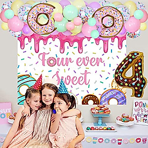 Donut 4th Birthday Party Decorations, Four Ever Sweet Birthday Decorations - Macaron Balloon Garland Kit with Doughnut Foil Balloons, 5 x 3 Ft Donut Backdrop, Number 4 Foil Balloon