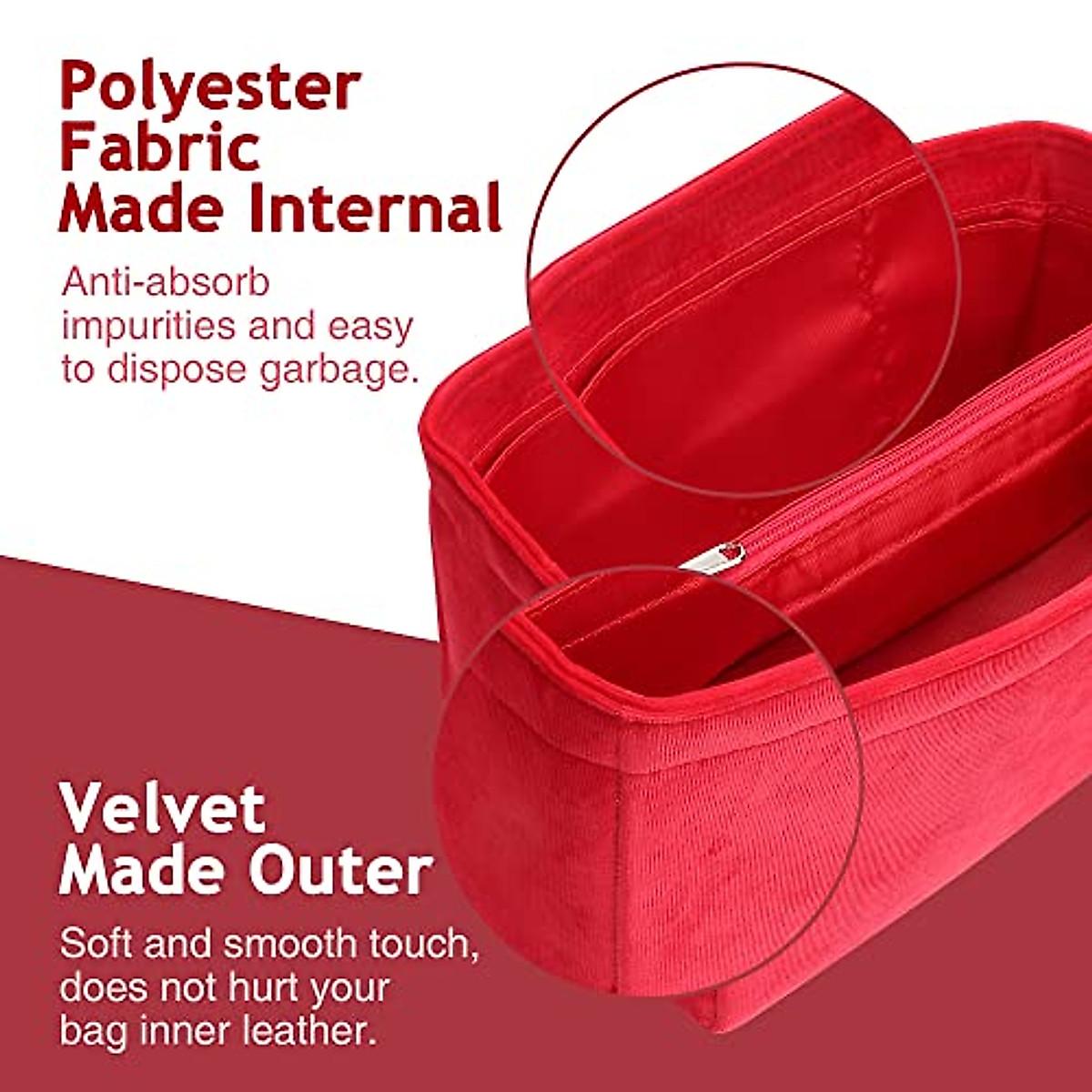 MTRSUE Original Velvet Purse Organizer Shaper Insert for Handbag, Women Tote Bag Organizer With Metal Zipper for Neverfull Speedy and More (Red, Medium)