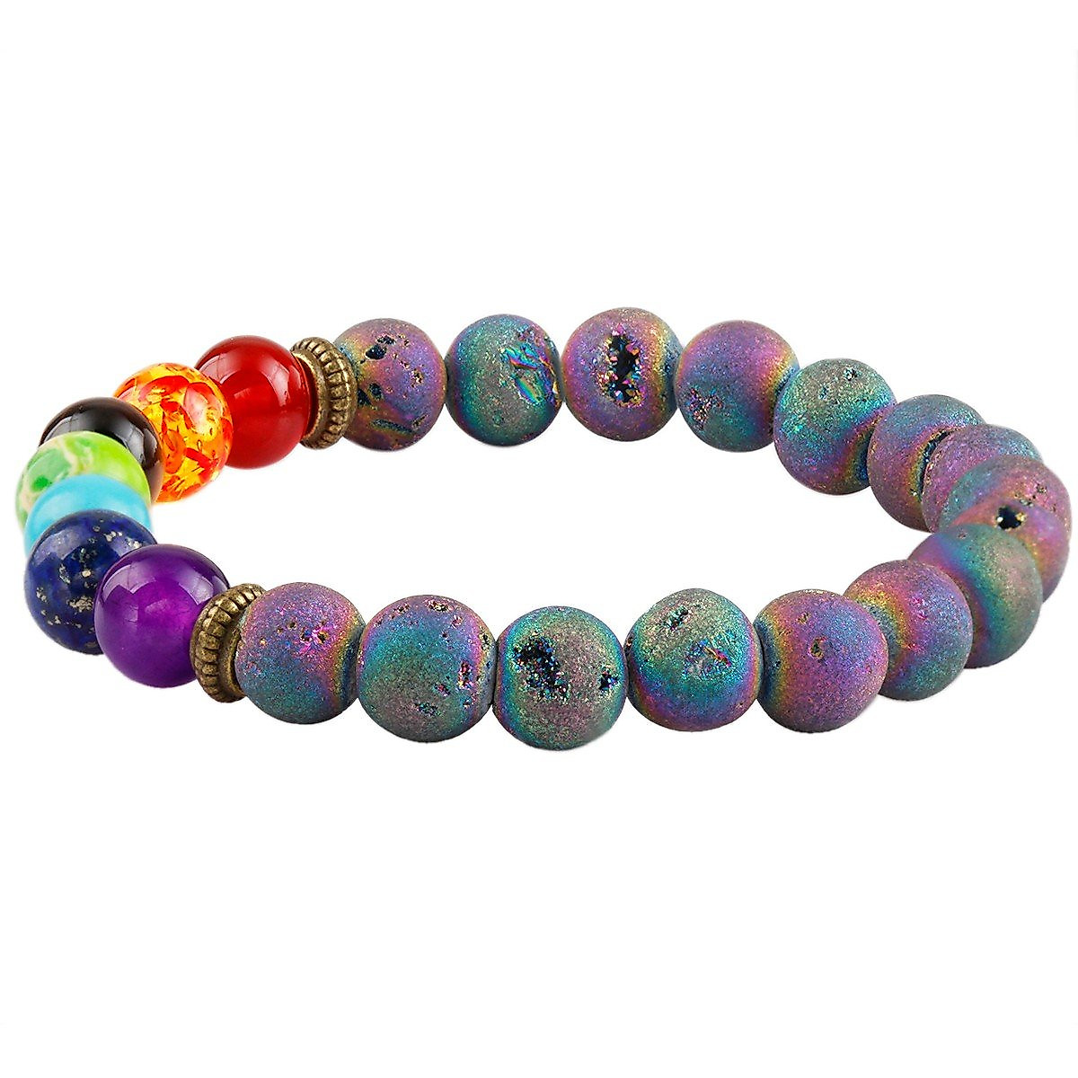 SUNYIK Rainbow Aura Titanium Coated Crystal Druzy Bracelet,7 Bead Chkara Healing