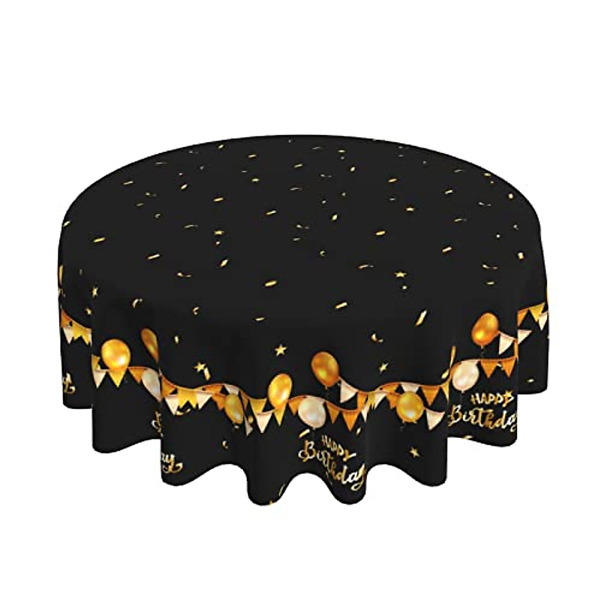 Happy Birthday Tablecloth, Black Round Tablecloth 60 Inch, Gold Stars Round Table Cloth for Birthday Party Decor, Wipeable Waterproof Polyester Fabric Table Cover for Holiday Outdoor Camping Picnic