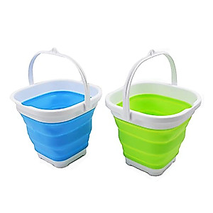 SAMMART 2.6L (0.68 Gallon) Super Mini Sqare Collapsible Plastic Bucket - Foldable Square Tub - Portable Fishing Water Pail - Space Saving Outdoor Waterpot (Marine Blue + Grass Green)