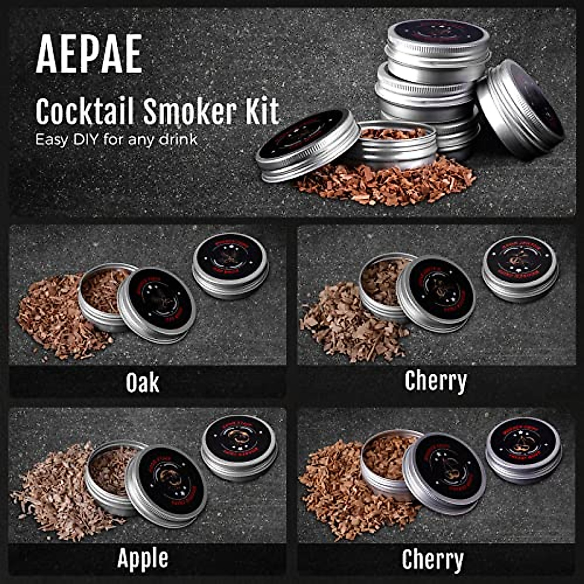 Cocktail Smoker Kit Old-Fashioned Bourbon Whiskey Smoker-Kit 4 Flavour 8 Wood Chips Drink Ice Cube Smoking Infuser for Cocktails Lover Men Women Gifts