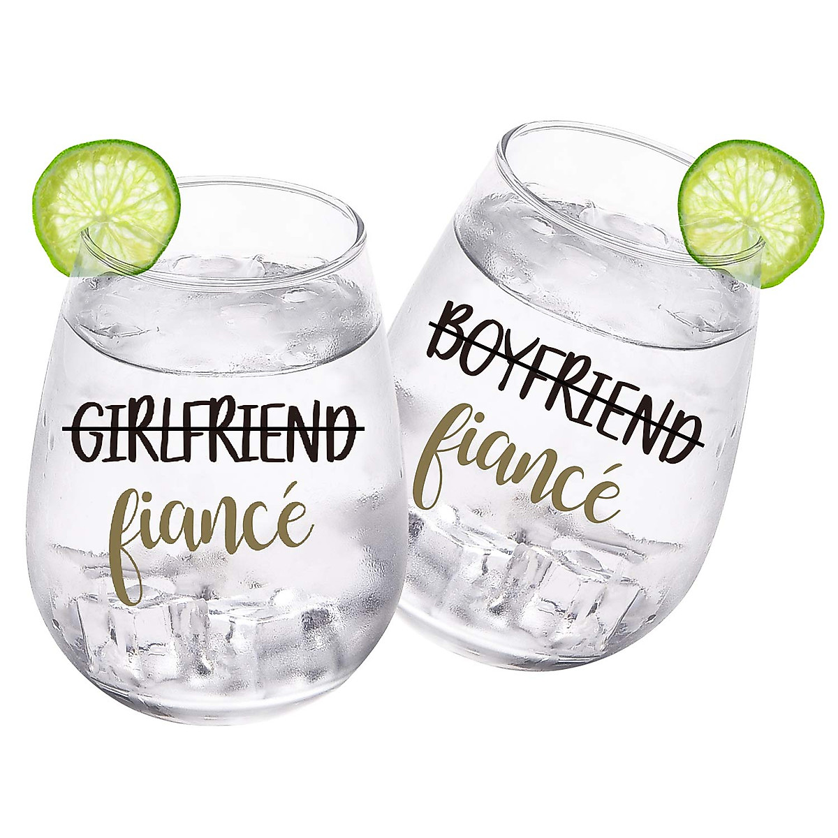 Set of 2 Fiance Stemless Wine Glasses, Boyfriend and Girlfriend Wine Glass for Couples, Boyfriend Girlfriend, Gift Idea for Engagement, Wedding, Christmas, Bridal Shower, Valentine's Day, 15Oz