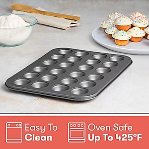 Cooking Light Heavy Duty Nonstick Bakeware Carbon Steel Mini Muffin Pan with Quick Release Coating, Manufactured without PFOA, Dishwasher Safe, Oven Safe, 24-Cup, Gray