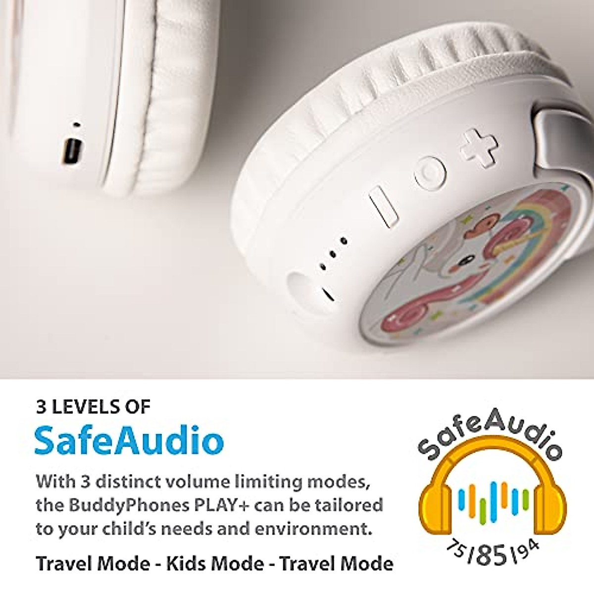 ONANOFF BuddyPhones Play+, Wireless Bluetooth Volume-Limiting Kids Headphones, 20-Hours Battery Life, 3 Volume Settings, Voice Enhancing StudyMode, Answer/Playback Button, BuddyLink Cable, Deep Blue