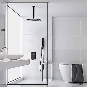 SR SUN RISE 12 Inch Ceiling Mount Matte Black Shower System Bathroom Luxury Rain Mixer Shower Combo Set Ceiling Rainfall Shower Head System Faucet Trim Repair Kits Rough-in Valve and Trim Included