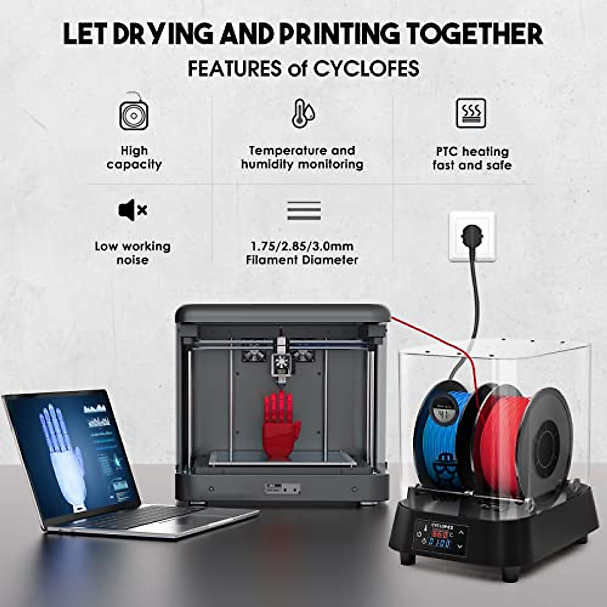Eibos 3D Printer Filament Dryer Box CYCLOPES, 100W PTC Heater Dehydrator Storage Box with Fans, Temperature Humidity Control, 2 Spools Holder, Compatible with 1.75mm/ 2.85mm/ 3mm Filament