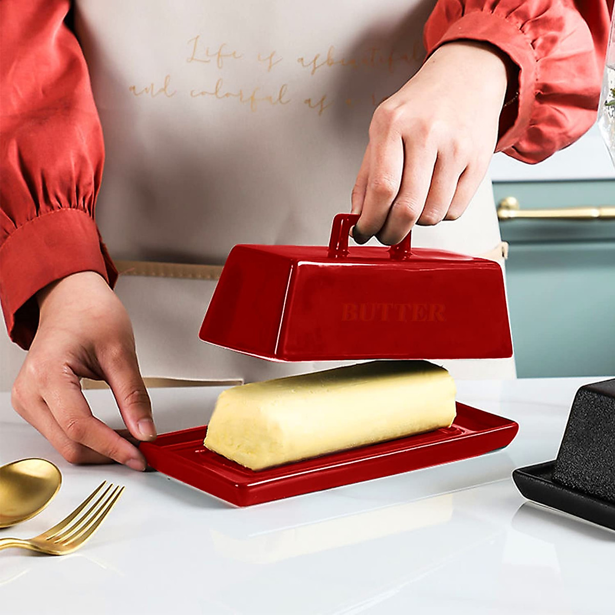 Eeaivnm Butter Dish with Lid, Butter Keeper Porcelain,7" Butter Dishes-Dishwasher Safe, Ceramic Butter Dish with Handle Design for Countertop (Red)