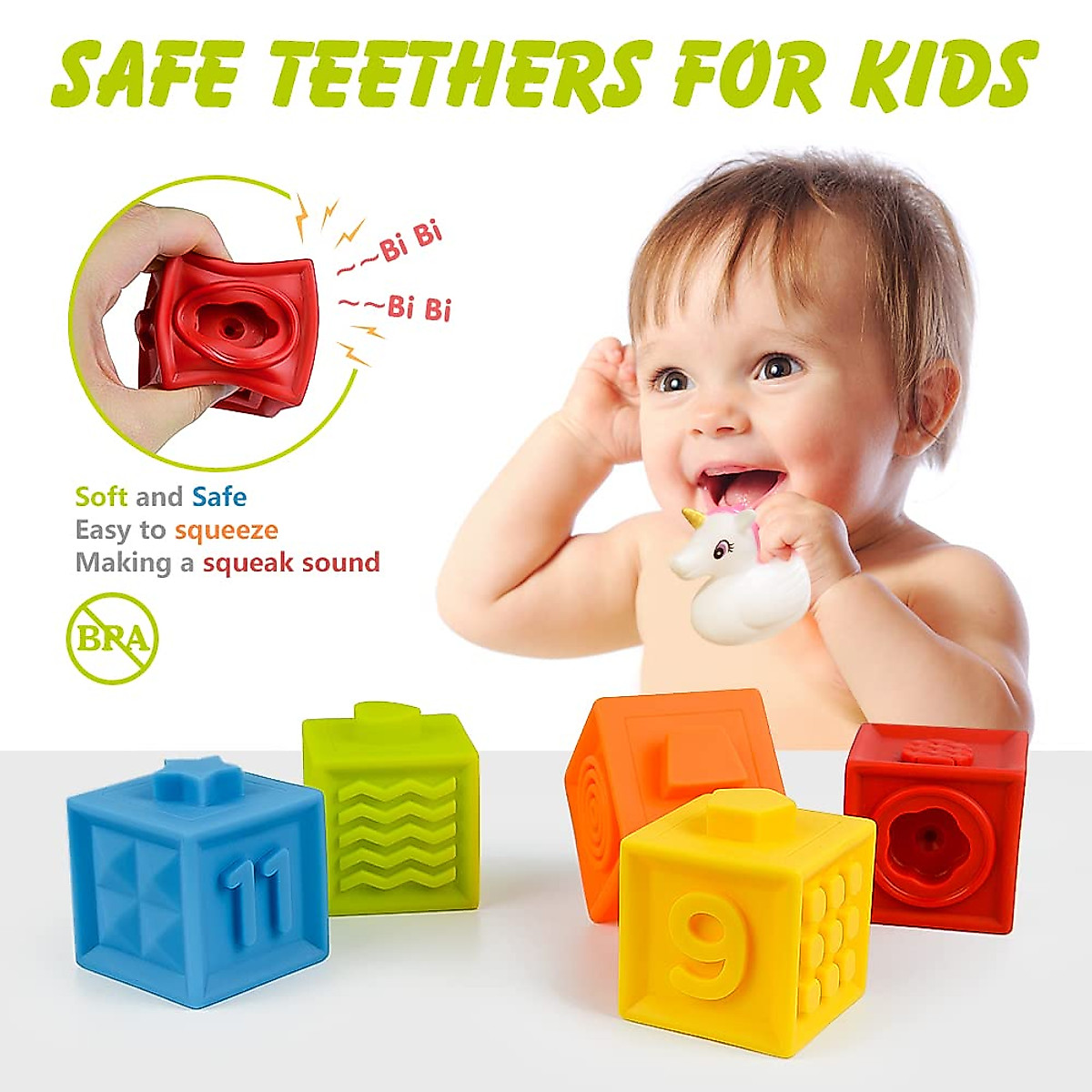 Woby 16 PCS Baby Blocks Soft Building Blocks Baby Toys Teethers Toy Stacking Bath Toys Learning Toys with Numbers Animals Fruits for Infants Toddlers Age 6 to 12 Months Up