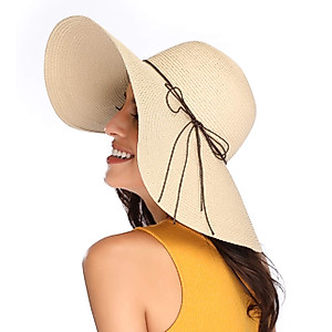 Lanzom Womens Wide Brim Straw Hat Big Floppy Foldable Roll up Cap Beach Sun Hat UPF 50+(String-Beige)