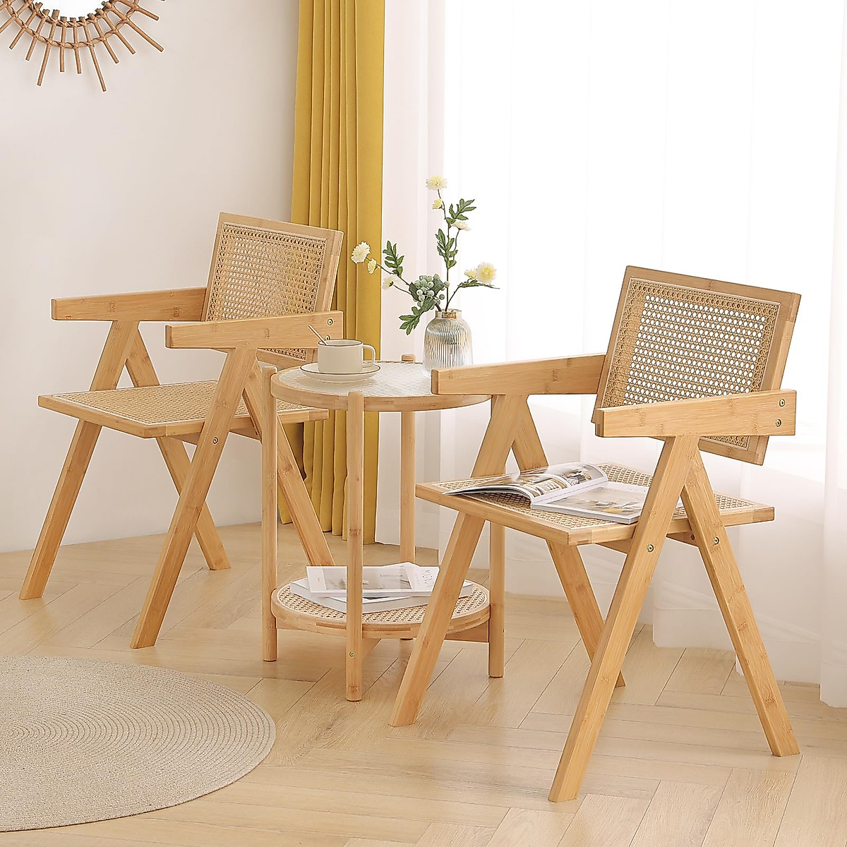 Furlide Rattan Dining Chairs Set of 2, Modern Mid Century Accent Chairs, Comfy Armchairs, Outdoor Rattan Chairs with Armrest for Bedroom Living Room Reading Room Dining Kitchen