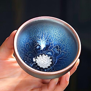 CmengAo Beautiful Jianzhan Tea Cup, 3d Silver Lotus Inlaid Ceramic Tea Cup Handmade Fancy Glaze Tenmoku Cup Chinese Kungfu Tea Cup (DragonScale)