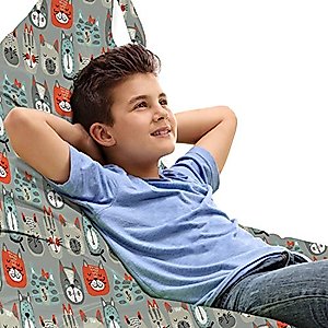 Ambesonne Cartoon Lounger Chair Bag, Animals Theme Hand Drawn Various Type Cat Faces Expressions on Gray Background, High Capacity Storage with Handle Container, Lounger Size, Multicolor