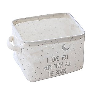 Slytem Storage Bin Basket Organizer Container Cube Rectangle with Handles Linen Canvas Jute Collapsible (#1: 7.8" Long × 6.3" Wide × 5.1" high, Gray Stars Moon)