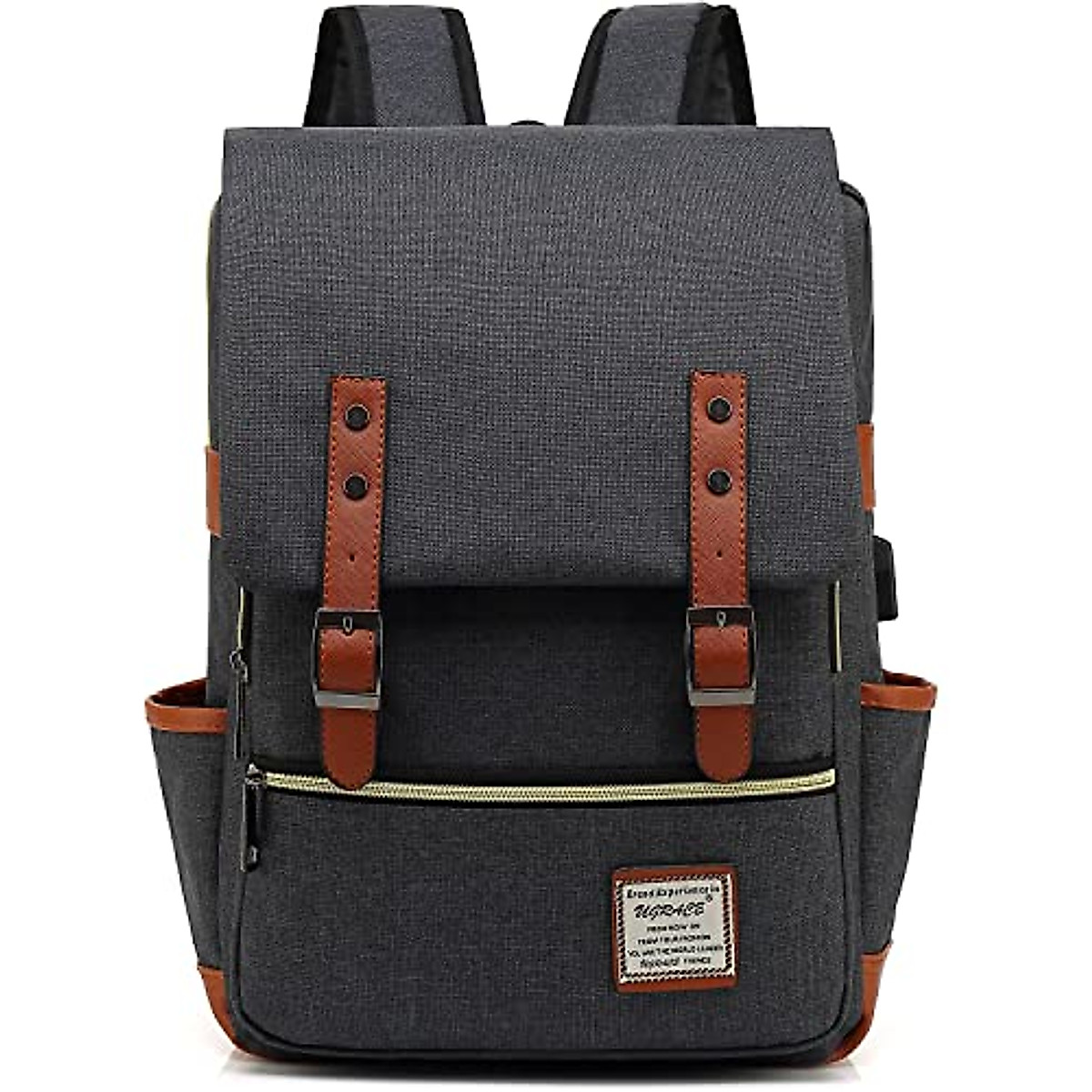 UGRACE Vintage Laptop Backpack with USB Charging Port, Elegant Water Resistant Travelling Backpack Casual Daypacks College Shoulder Bag for Men Women, Fits up to 15.6Inch Laptop in Black