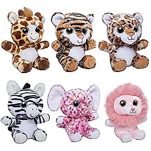Nleio 7inch Stuffed Animals Forest Plush Toys, 6 Pieces Super Soft Jungle Animal Stuffed Toys Lion/Giraffe/Elephant/Tiger/Zebra/Leopard Safari Plush Animals for Babies Kids Toys Party Decorations