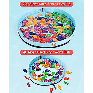 GAMENOTE Sight Words Wooden Magnetic Fishing Game - 220 Fish, Phonic Games for Kids Ages 3-9 Pre K to 3rd Grade, Dolch Sight Words Level 1 - Level 5 Educational Brain Games (220)