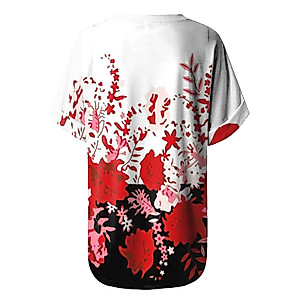Bravetoshop T Shirt for Women Summer V Neck Short Sleeve Printed Casual Loose Fit Blouse Tops (Red,M)