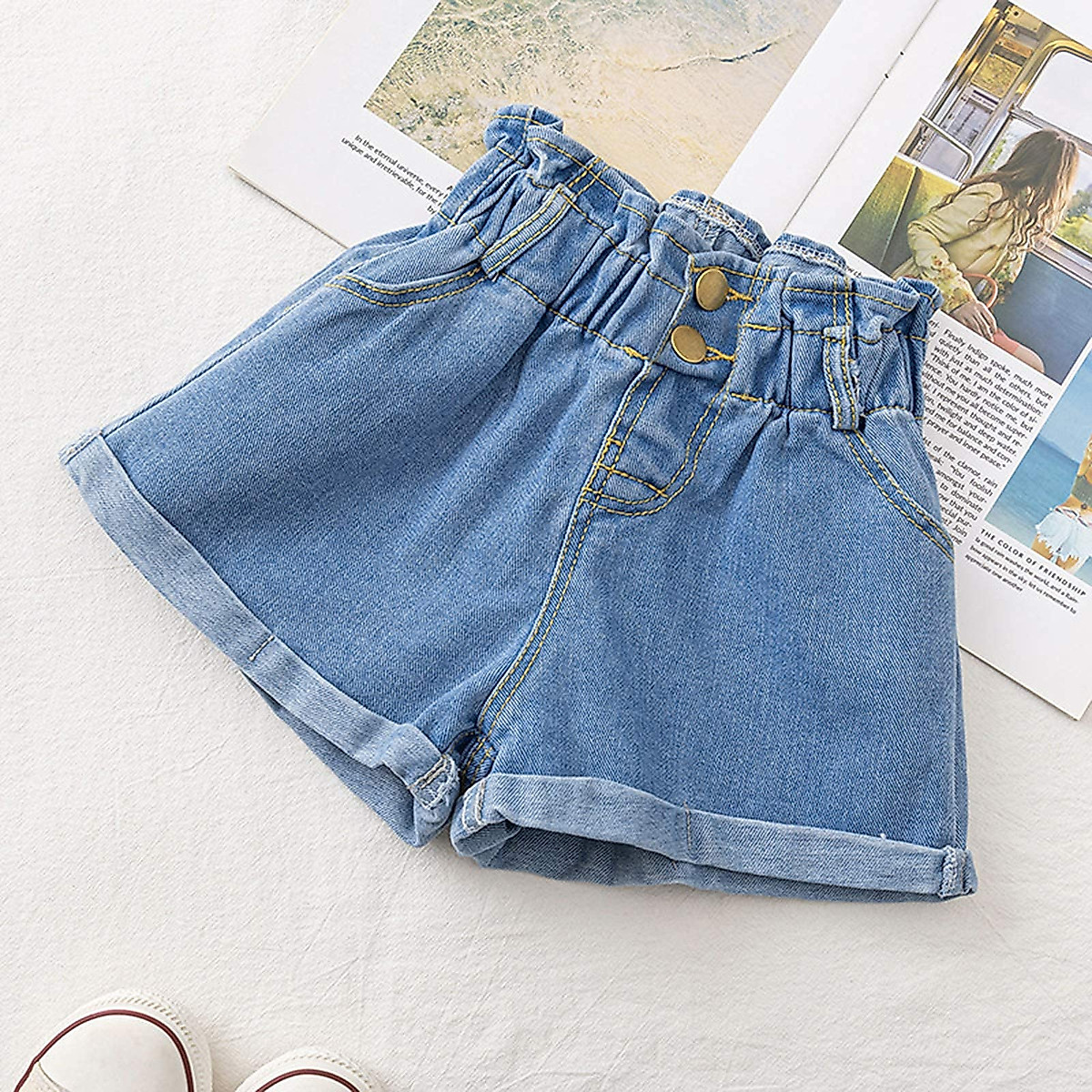 Moru Toddler Baby Girls Casual Denim Shorts Summer High Waisted Jeans Short (Blue, 12-24 Months)