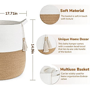 Goodpick Woven Rope Storage Basket for Organizing, Boho Decorative Laundry Basket for Living Room, Round Basket for Towels, Toys, Blankets, Baby Gift Basket, 17.71 x 14.9 inches