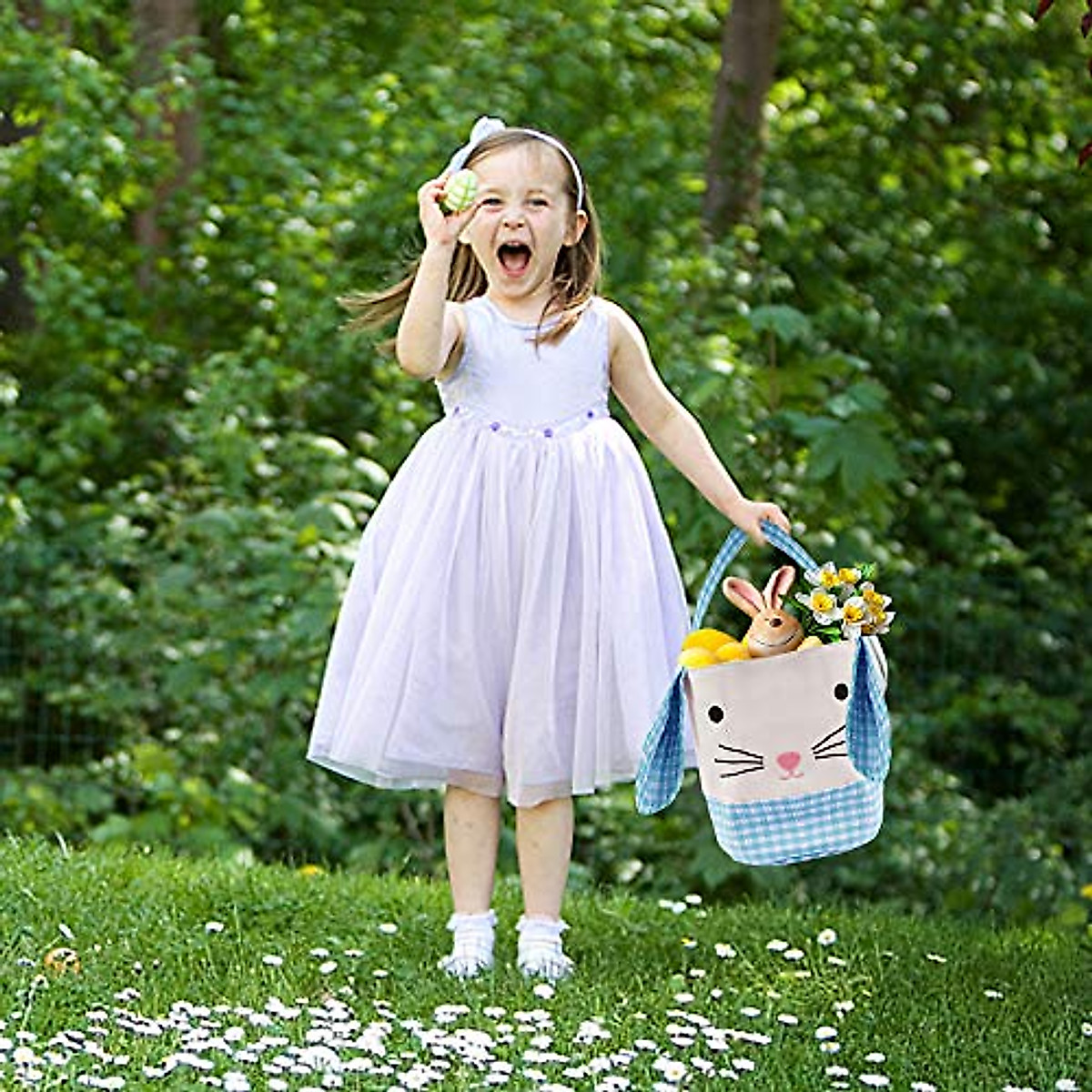 Easter Bunny Basket with Cute Ears, Easter Bunny Tote Bag for Kids Eggs Hunting, Candy and Gifts Carry Bucket at Easter Party (Blue)