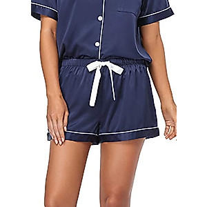 Serenedelicacy Women's Satin Pajama Set 2-Piece Sleepwear Loungewear Button Down Short Sleeve PJ Set (Medium, Navy Blue)
