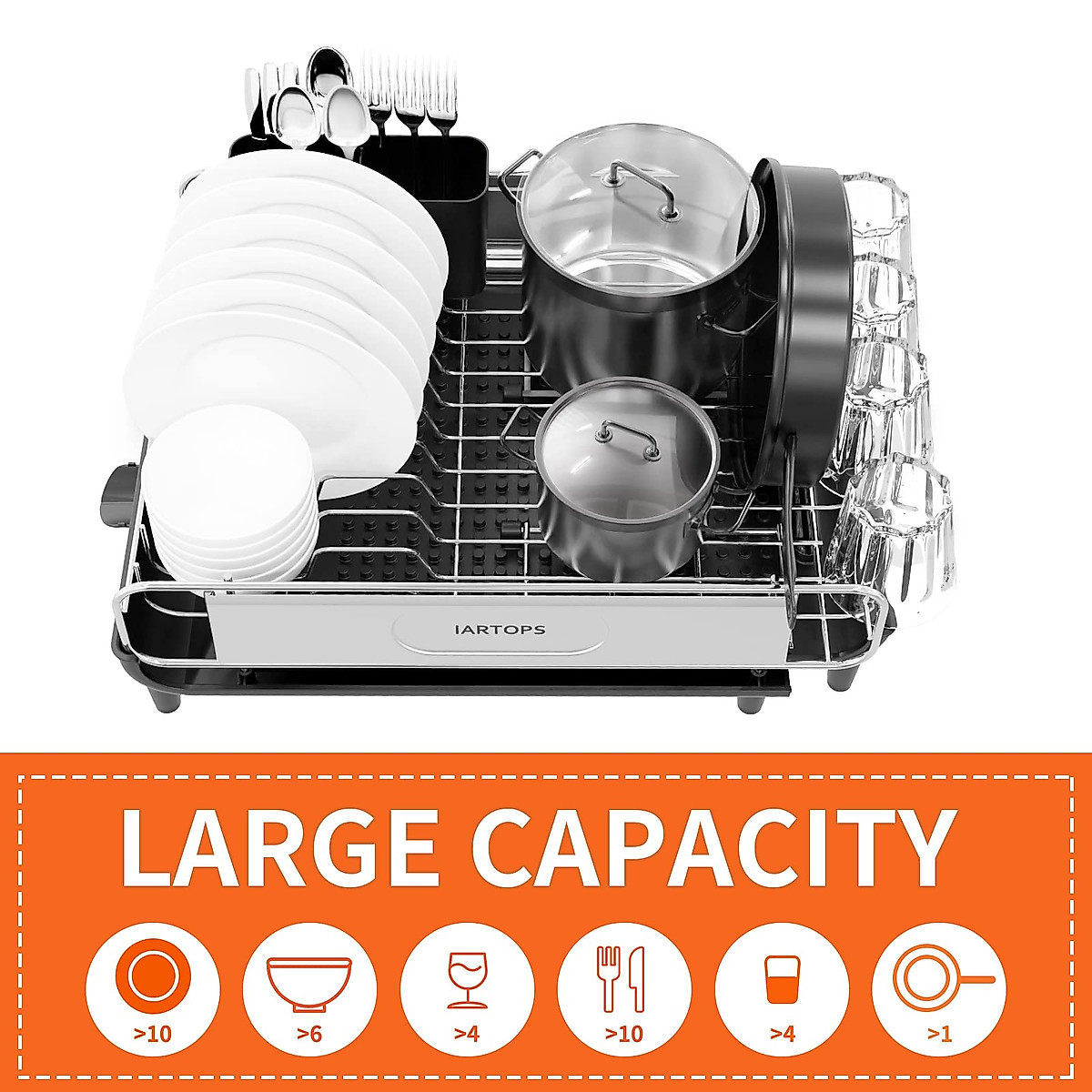 IARTOPS Dish Drying Rack, Dish Rack for Kitchen Counter, Expandable Stainless Steel Dish Strainer with Drainboard, Large Capacity Dish Drainer with Glass Holder, Utensil Holder