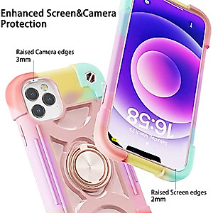 MARKILL Compatible with iPhone 12/12 Pro Case 6.1 Inch with 360 Degree Rotate Ring Stand, Military Grade Drop Protection Rugged Heavy Duty Case 3 in 1 Protective Durable Cover (Rainbow Pink)