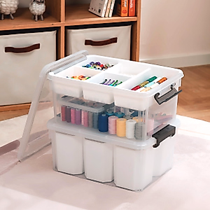 Citylife 17 QT Plastic Storage Box with Removable Tray and 6 Detachable Tall Inserts Craft Organizers and Storage Clear Storage Container for Organizing Crayon, Craft, Sewing, Playdoh