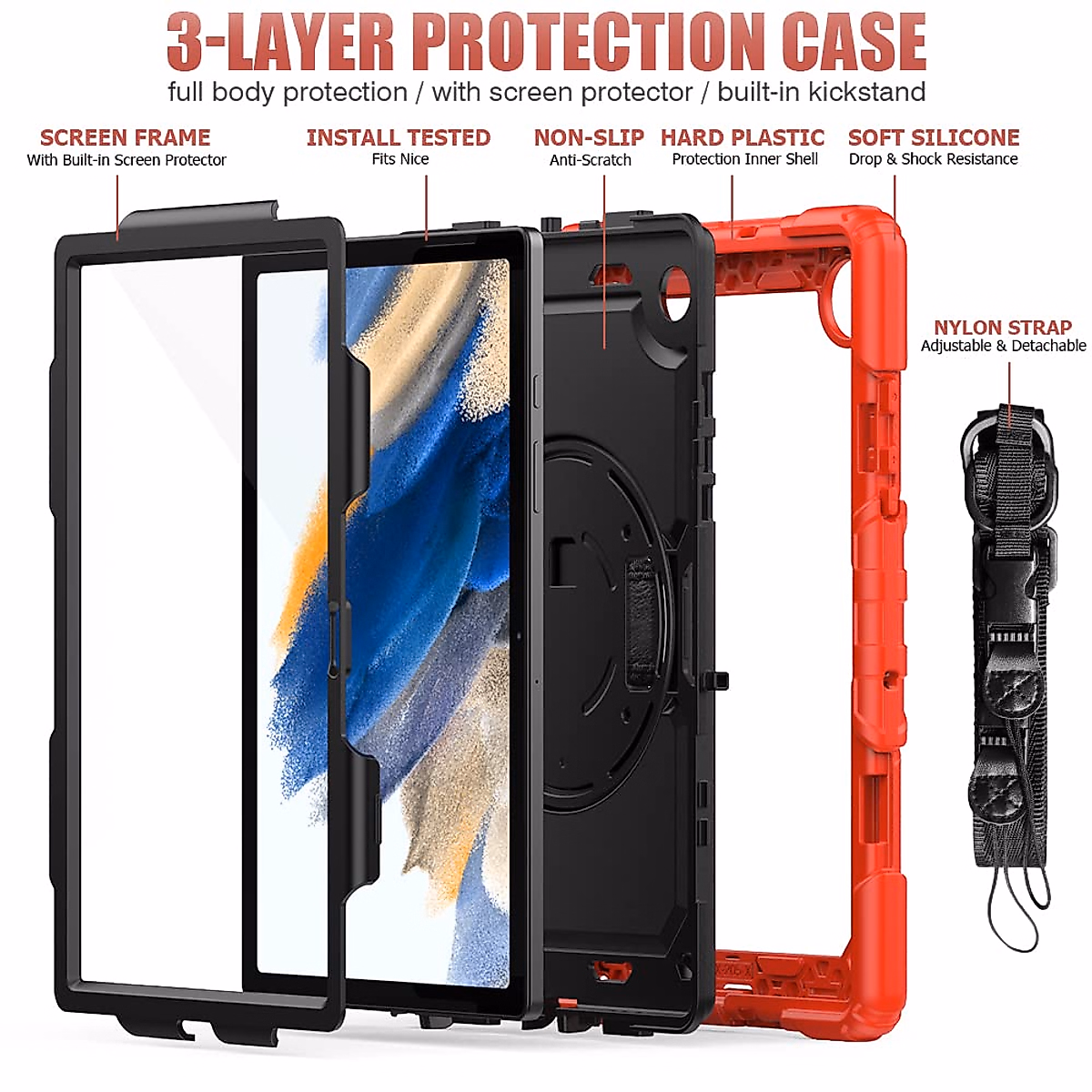 FS FANSONG Samsung Galaxy Tab A8 10.5 Inch Case 2022,SM-X200/X205/X207 Tablet Cover with Screen Protector Pencil Holder 360 Degree Rotating Kickstand and Shoulder Strap Red
