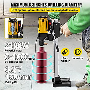 Happybuy 6 Inch/160MM Diamond Core Drilling Machine 2180W Diamond Core Drill Rig with Stand and Drill Bits,Wet Dry Core Drill Rig for Diamond Concrete Drilling Boring (Drill Bit Diameter: 4.25"/108MM)