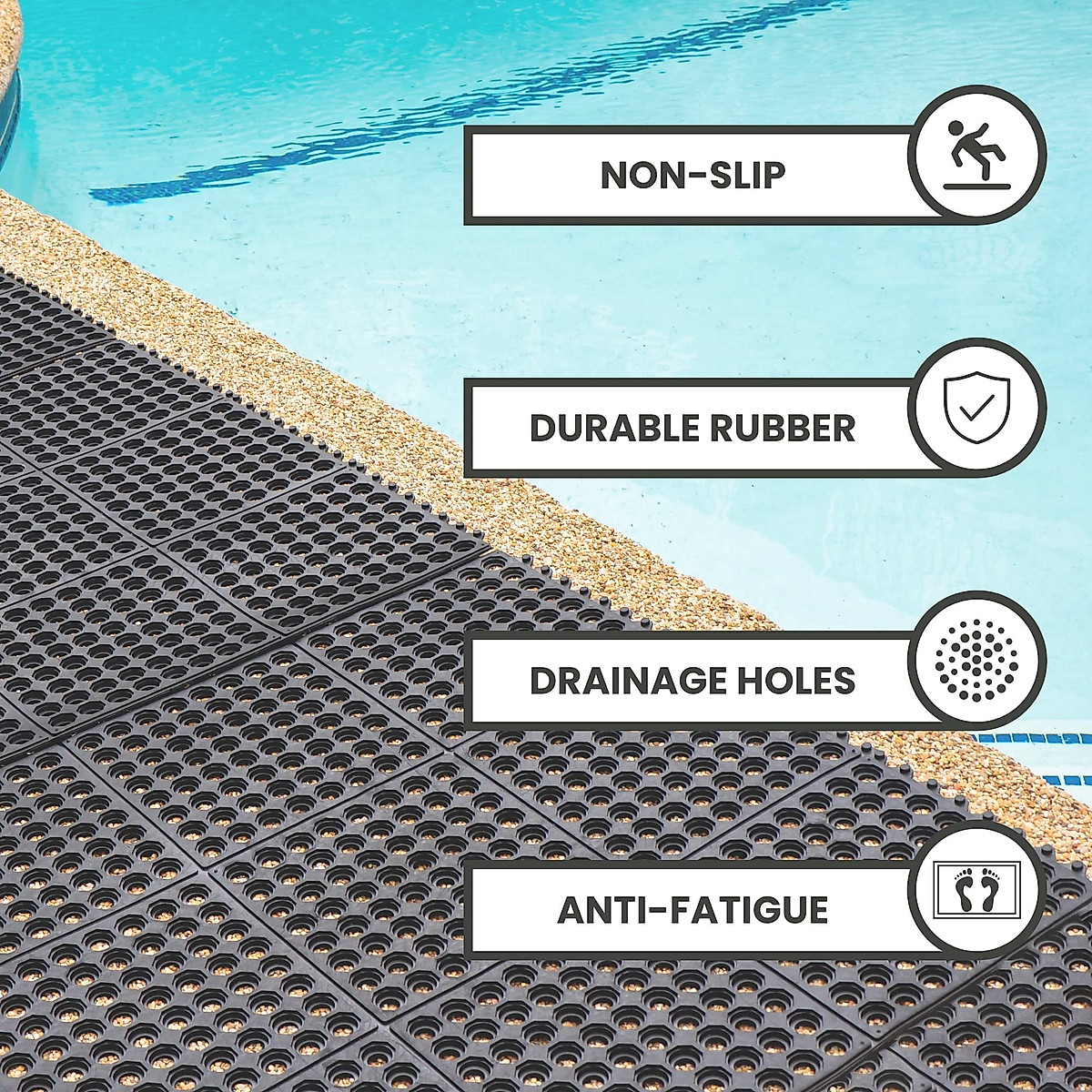 Envelor Interlocking Rubber Floor Mat Restaurant Kitchen Mat Commercial Entrance Door Mat Durable Non-Slip Bar Mat Utility Drainage Mat Indoor Outdoor Wet Areas 3' x 3' - Pack of 4