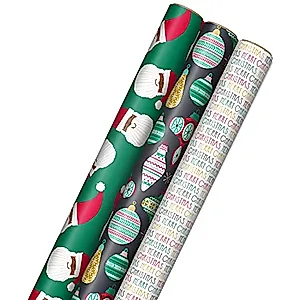 Hallmark Christmas Wrapping Paper for Kids with Cut Lines on Reverse (3 Rolls: 120 Sq. Ft. Ttl.) Multicultural Santa Claus, Ornaments on Black, "Merry Christmas" in Red, Green and Yellow